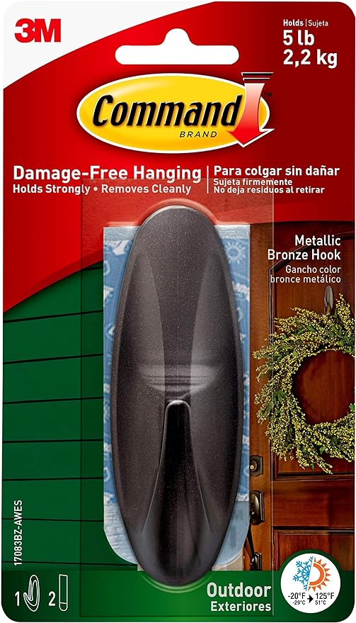 Metallic Hook w/ Adhesive Strips | Large | Bronze | 5LB | Command